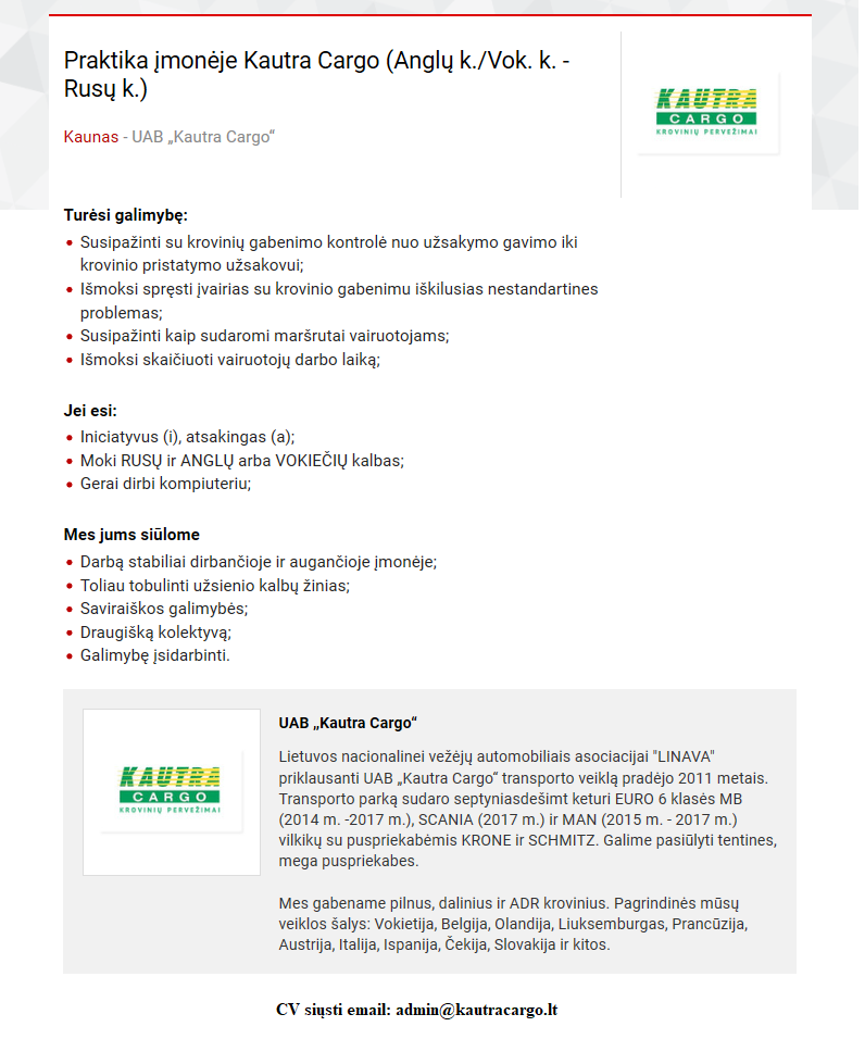 PRAKTIKA ĮMONĖJE KAUTRA CARGO (ANGLŲ K. / VOKIEČIŲ K. - RUSŲ K.) - VDU ...